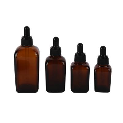 China Thick Square Amber Glass Dropper Bottle 5ml 10ml 15ml 20ml 30ml 50ml 100ml for sale