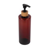 China 60ml 80ml 100ml 120ml 150ml 180ml 200ml 250ml 300ml Natural Elegant Amber Flat Shoulder PET Bottle With Natural Bamboo Lotion Pump for sale