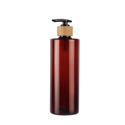 China 60ml 80ml 100ml 120ml 150ml 180ml 200ml 250ml 300ml Elegant Amber Flat Shoulder PET Bottle With Natural Bamboo Lotion Pump for sale