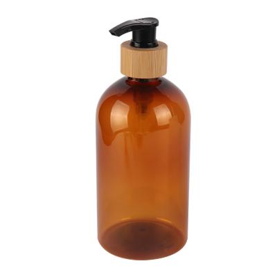 China 200ml 300ml 500ml Refillable Amber Lotion Bottle With Natural Bamboo Lotion Pump for sale