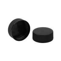 China 32/400 Black Ribbed Plastic Screw On Cap Sealed Rotating Cap For Cosmetic Packaging for sale