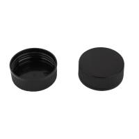 China 32/400 Black Ribbed Plastic Screw On Cap Sealed Rotating Cap For Cosmetic Packaging for sale