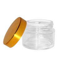 China Mirror Finish Golden Colored Lid Transparent Glass Cream Jars 30g Portable Cosmetic Containers for sale