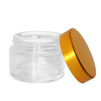 China Mirror Finish Golden Colored Lid Transparent Glass Cream Jars 30g Portable Cosmetic Containers for sale
