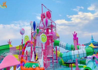 China Colorful Fiberglass Big Splash Water Slide Park Equipment For Interactive Family for sale
