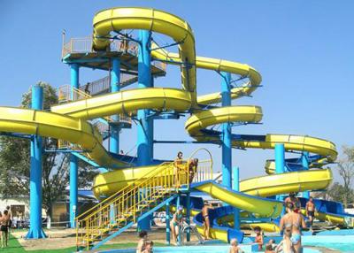 China Blue Yellow Water Park Slide Combined , Fiberglass Large Spiral Slide Equipment for sale
