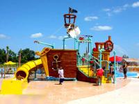 China ROHS Mini Water Park Equipment Wood Pirate Ship With Fiberglass Slide for sale