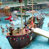 China ROHS Mini Water Park Equipment Wood Pirate Ship With Fiberglass Slide for sale
