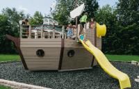 China ROHS Mini Water Park Equipment Wood Pirate Ship With Fiberglass Slide for sale