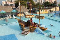 China ROHS Mini Water Park Equipment Wood Pirate Ship With Fiberglass Slide for sale