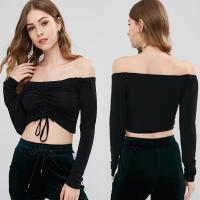 China Women Off Shoulder And Long Sleeve Drawstring Front Crop T-shirt for sale