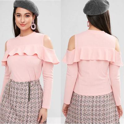 China Cheap Wholesale Ruffle Clothing Long Sleeve Cold Shoulder T Shirt Tops for sale