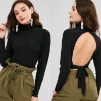 China Blank Open Back Long Sleeve Ribbed Turtleneck Crop Top for sale