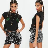 China Tall Black Leaf Placement Clothing T Shirt Women for sale