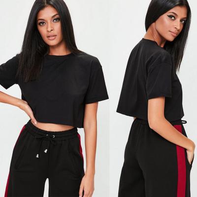 China Petite Clothing Black Roll Sleeve T Shirt Women for sale