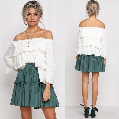 China Womens Tops Blouses 2018 Off Shoulder Ruffle Top In White for sale