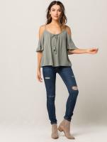 China Women Cold Shoulder V Neck Rayon Blouse for sale
