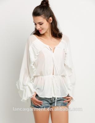 China Women's Bat Wing Top with Elastic Waist Quick Dry Fabric and Ruffles Design Sheer Blouse for sale