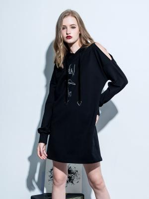 China Women Cold Shoulder Hoodie Dress Cotton Knit Long Sleeve Breathable Anti wrinkle for Casual Wear Plus Size Maternity for sale