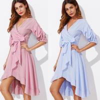 China Asymmetrical Gathered Sleeve Surplice Wrap Pinstripe Dress For Women for sale