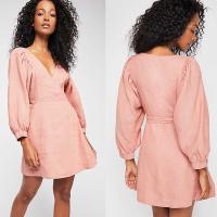 China 2018 Fall V Neckline With Button Front And Puff Sleeve Mini Women Dress Cheap for sale