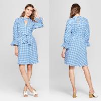 China 2018 New Design Ladies Long Blouson Sleeve Blue and White Gingham Dress with Belt for sale