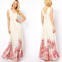 China Elegant V Neck Sleeveless Floral Printed Maxi Bohemian Woman Dress for sale