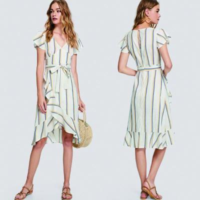 China Casual Striped Short Sleeve Dress With Waist Belt Ruffle For Women Summer Fashion for sale