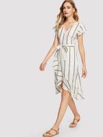 China Casual Striped Short Sleeve Dress With Waist Belt Ruffle For Women Summer Fashion for sale