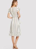 China Casual Striped Short Sleeve Dress With Waist Belt Ruffle For Women Summer Fashion for sale