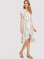 China Casual Striped Short Sleeve Dress With Waist Belt Ruffle For Women Summer Fashion for sale