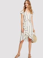 China Casual Striped Short Sleeve Dress With Waist Belt Ruffle For Women Summer Fashion for sale