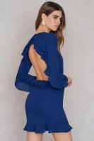 China Latest Ruffle Open Back Design Blue Formal Dresses Women for sale
