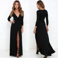 China Deep V Neck Long Sleeve Black Maxi Dress Women Casual Summer Evening Party Wear Breathable Nylon Spandex Fabric Plus Size Available for sale