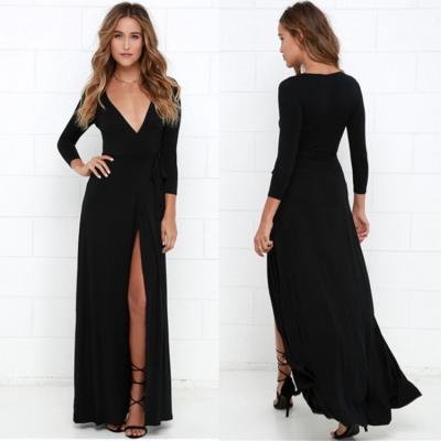 China Deep V Neck Long Sleeve Black Maxi Dress Women Casual Summer Evening Party Wear Breathable Nylon Spandex Fabric Plus Size Available for sale