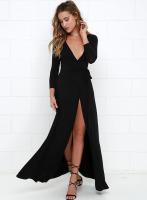 China Deep V Neck Long Sleeve Black Maxi Dress Women Casual Summer Evening Party Wear Breathable Nylon Spandex Fabric Plus Size Available for sale