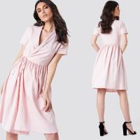 China Overlapped Midi Dress Women Linen Viscose Elastane Wrap Design Short Sleeve Pink Customizable for sale