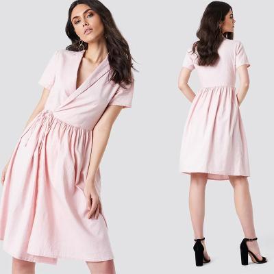 China Overlapped Midi Dress Women Linen Viscose Elastane Wrap Design Short Sleeve Pink Customizable for sale