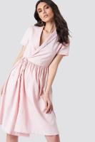 China Overlapped Midi Dress Women Linen Viscose Elastane Wrap Design Short Sleeve Pink Customizable for sale