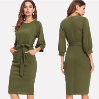 China Women Pencil Work Dress Spandex Polyester Anti Wrinkle Breathable Round Neck Three Quarter Sleeve Office for sale