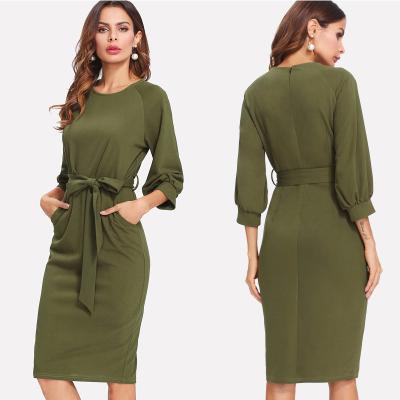 China Women Pencil Work Dress Spandex Polyester Anti Wrinkle Breathable Round Neck Three Quarter Sleeve Office for sale