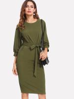 China Women Pencil Work Dress Spandex Polyester Anti Wrinkle Breathable Round Neck Three Quarter Sleeve Office for sale