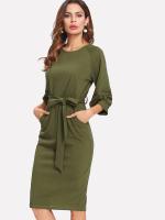China Women Pencil Work Dress Spandex Polyester Anti Wrinkle Breathable Round Neck Three Quarter Sleeve Office for sale