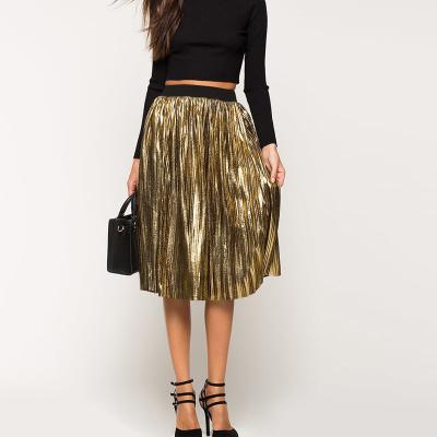 China Knee Length High Waist Maxi Skirt Women Ladies Pleated Metallic Casual Design Fashion for sale