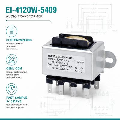 China EI-4120W-5409 Audio Transformer 220V to 12V/24V Step Down Low Frequency Transformer with PCB Mount and Custom Turns Ratio for sale