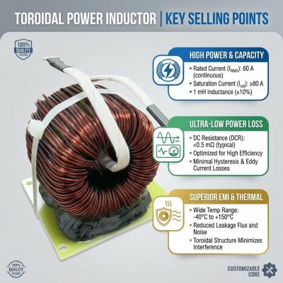 China 1mH 60A High Current Toroidal Inductor Coil with Double Magnetic Ring for Power Applications for sale