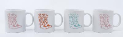 China Pastel Line Art Cowboy Boot Ceramic Mug Set – 4 Western Style Assorted Mugs for sale