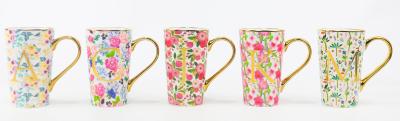 China Floral Gold Monogram Initial Ceramic Mugs with Golden Handle for sale