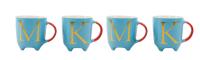 China Color Block Gold Monogram Ceramic Mug, Light Blue Three-Legged Base Initial Letter Coffee Cup with Red Handle for sale