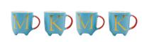 China Color Block Gold Monogram Ceramic Mug, Light Blue Three-Legged Base Initial Letter Coffee Cup with Red Handle for sale